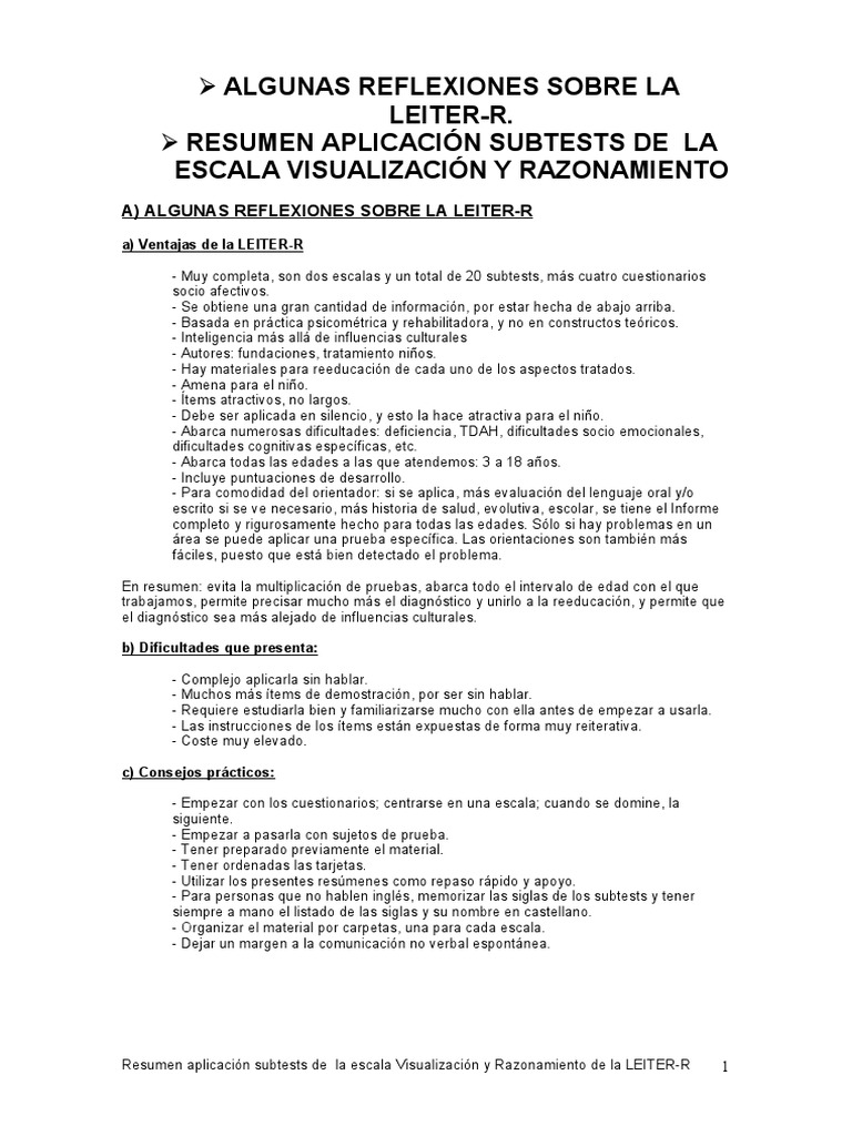 Leiter R Resumen Aplicacion Subtests de La Escala Visualizacion y ...