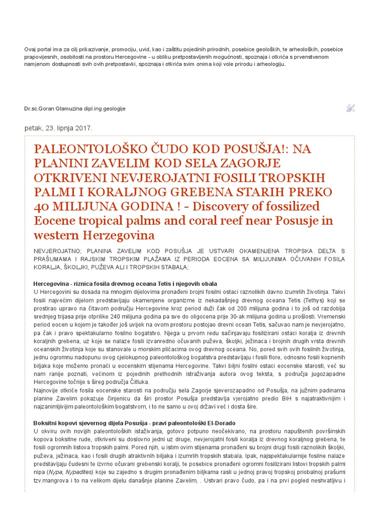 Eocene Tropical Palms and Coral Reef Near Posusje | PDF