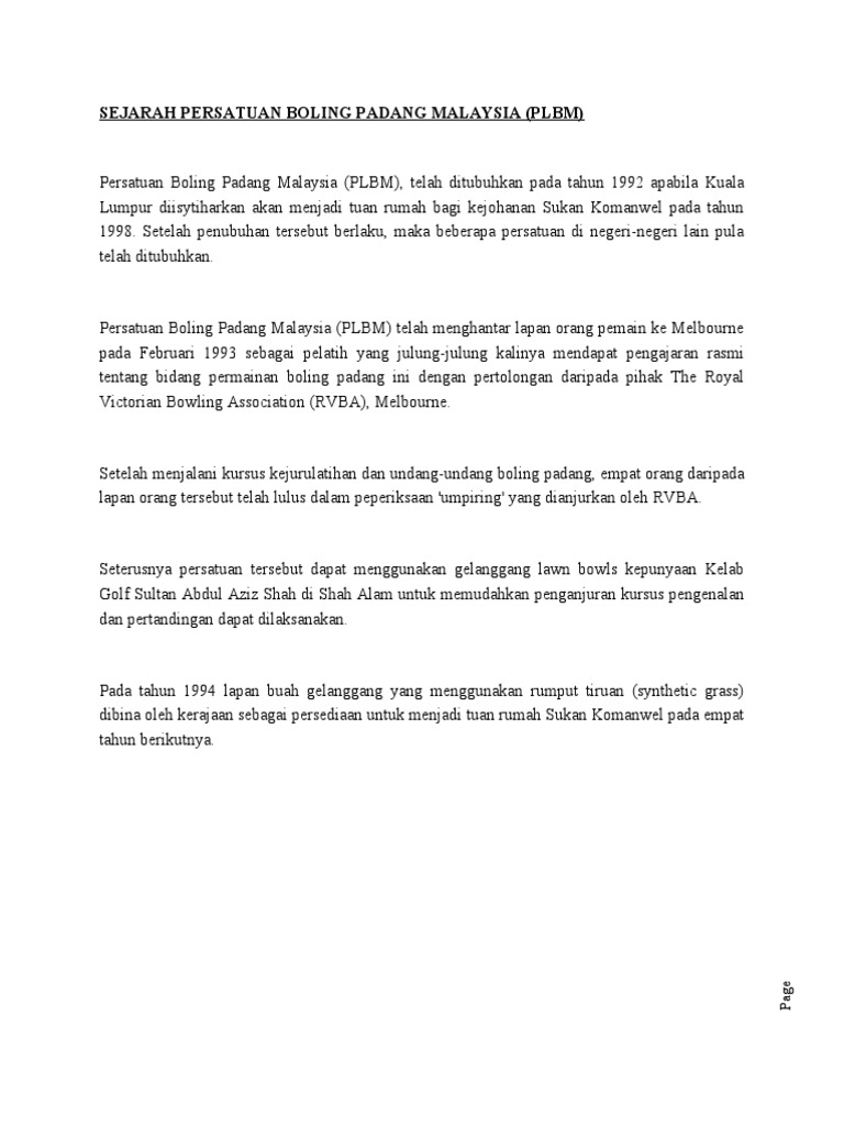 Sejarah Persatuan Boling Padang Malaysia | PDF
