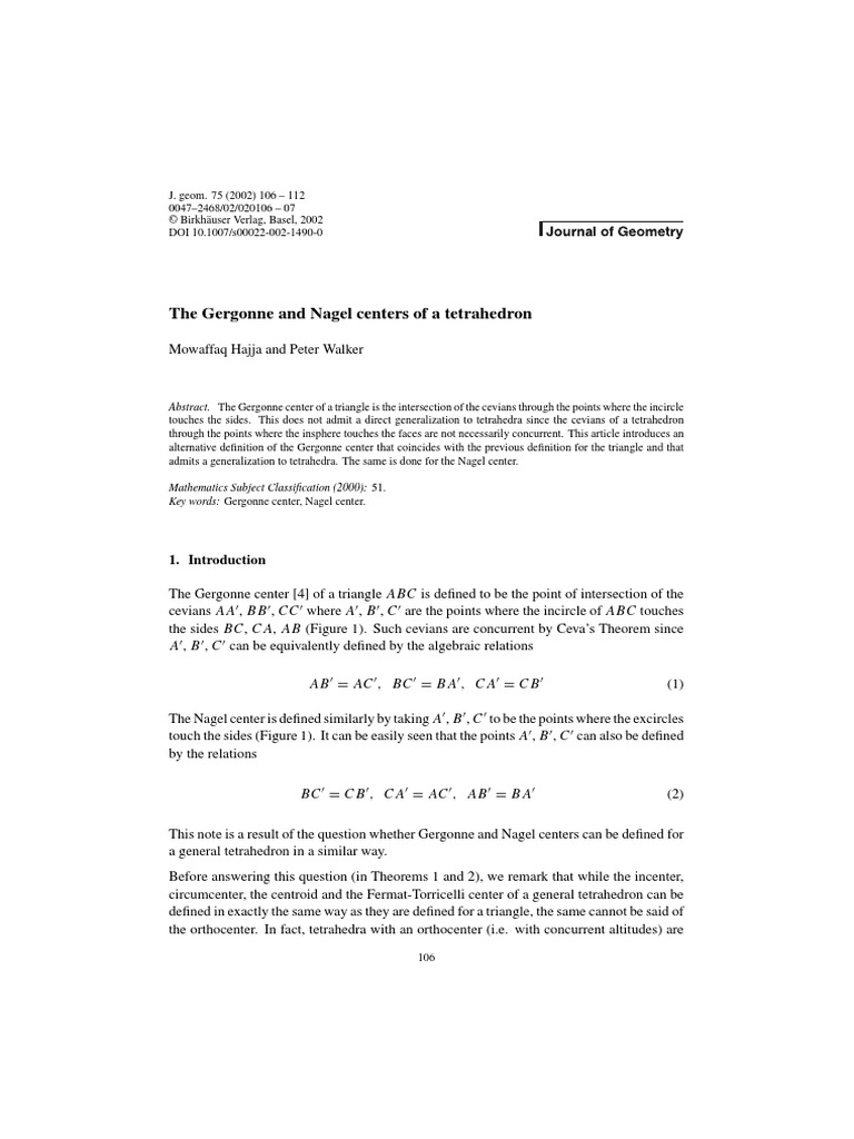Gergonne and Nagel Points en Tetraedro-Arreglos para Que Sea Análogo A ...