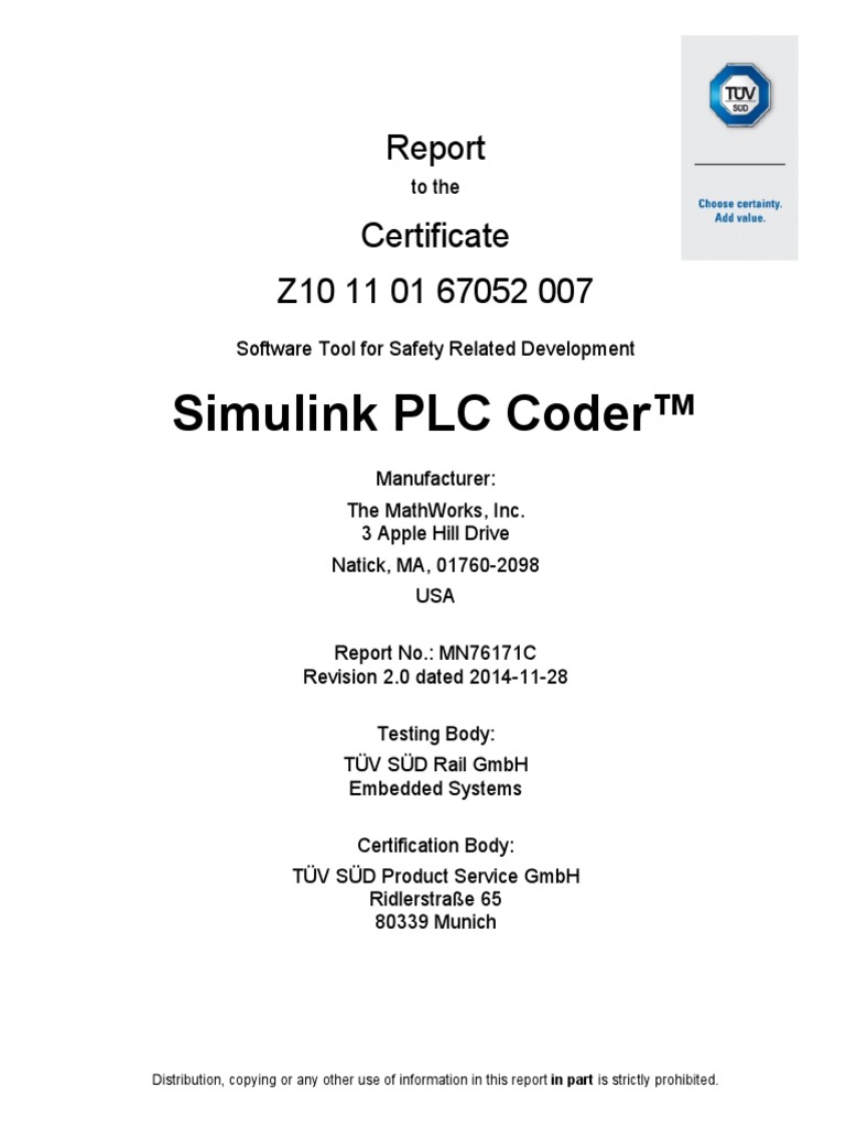 Simulink PLC Coder™: Certificate Z10 11 01 67052 007 | PDF ...
