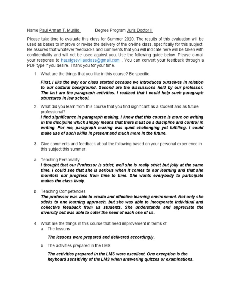 Summer 2020 Online Class Evaluation | PDF | Teaching | Learning