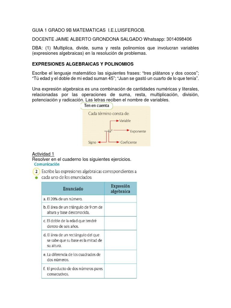 Guia 1 Grado 9B Matematicas Polinomios | PDF | Fórmula | Álgebra