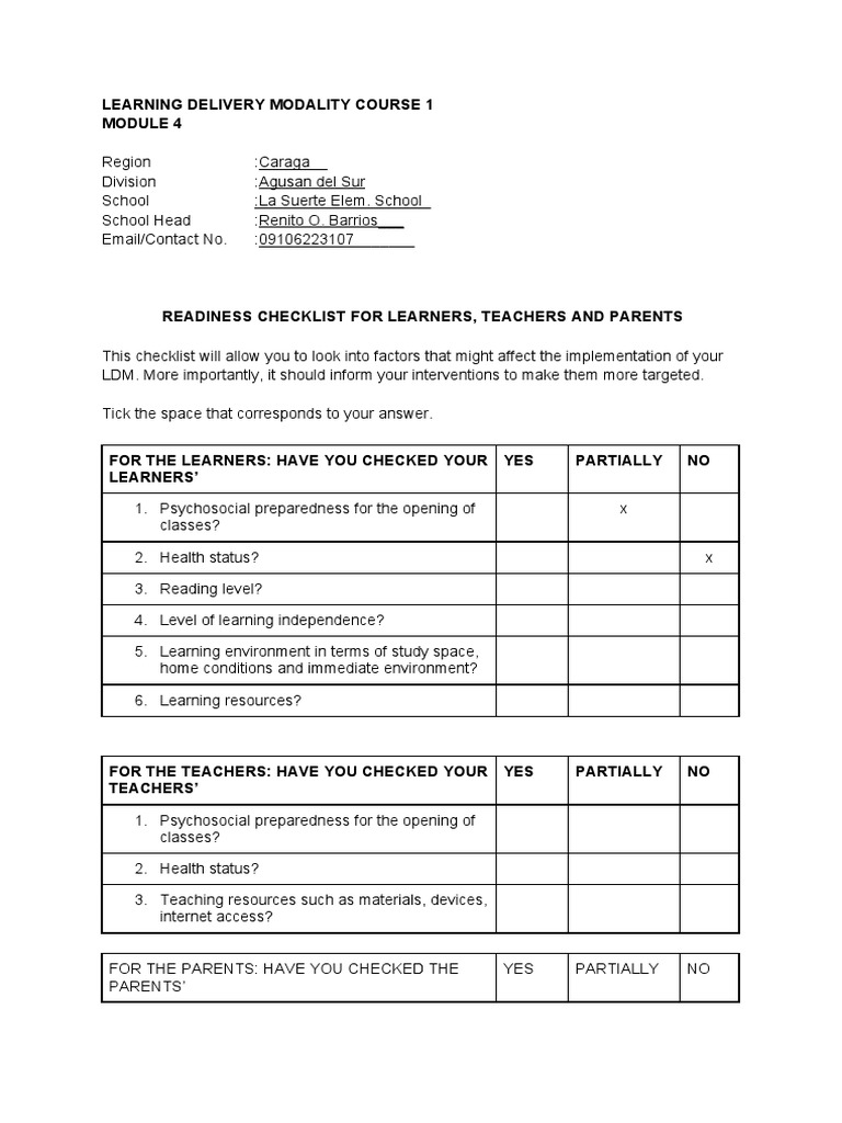LDM1 Module 4 Readiness Checklist For Learners, Teachers and Parents | PDF LDM1 Module 4 Readiness Checklist For Learners, Teachers and Parents | PDF