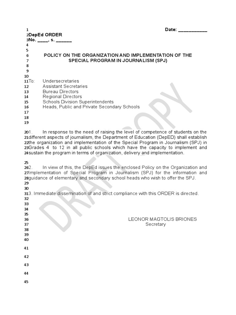 Policy On The Organization and Implementation of The Special Program in ...