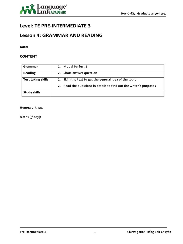 Level: Te Pre-Intermediate 3 Lesson 4: Grammar and Reading: Content ...