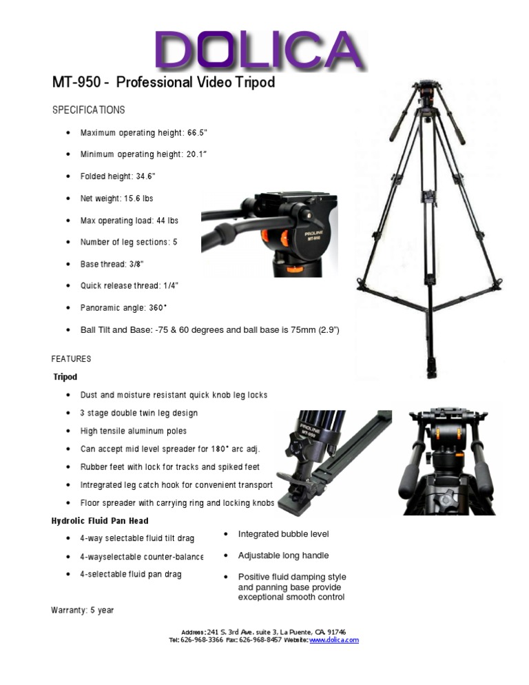 MT-950 Professional Video Tripod Specs | PDF