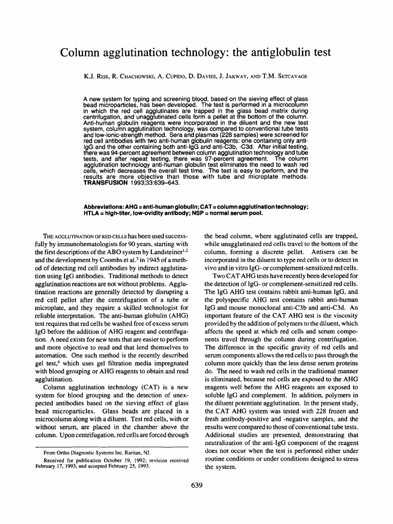 Column Agglutination Technology: The Antiglobulin Test: Agglutination ...