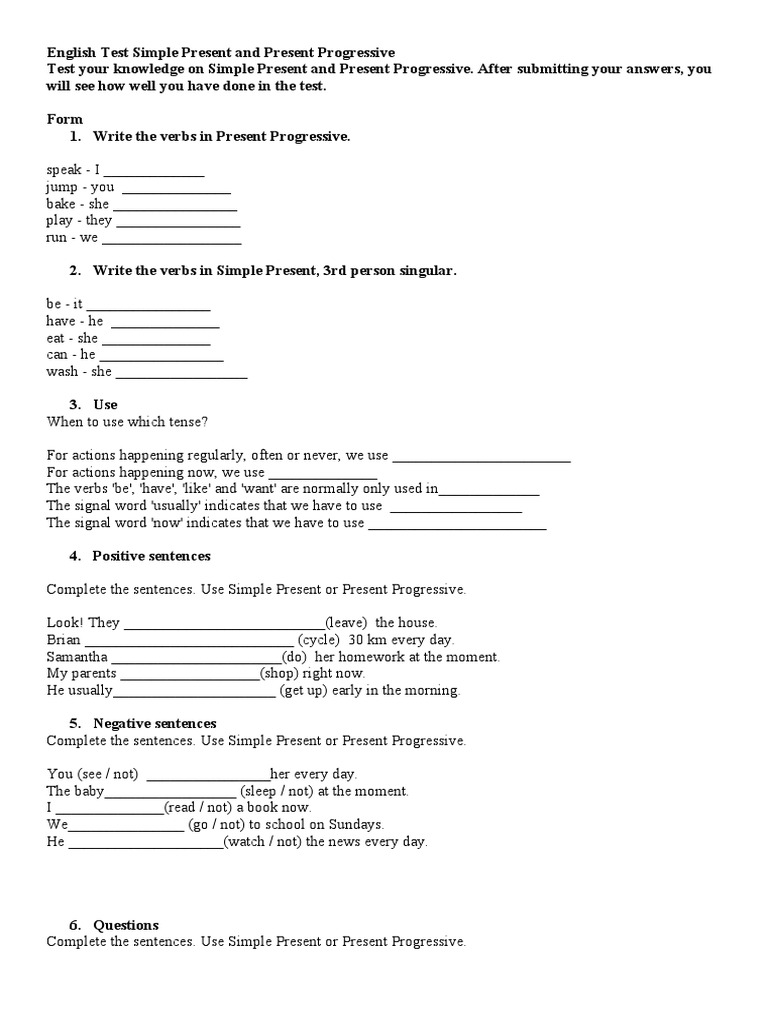English Test Simple Present and Present Progressive | PDF | Verb ...