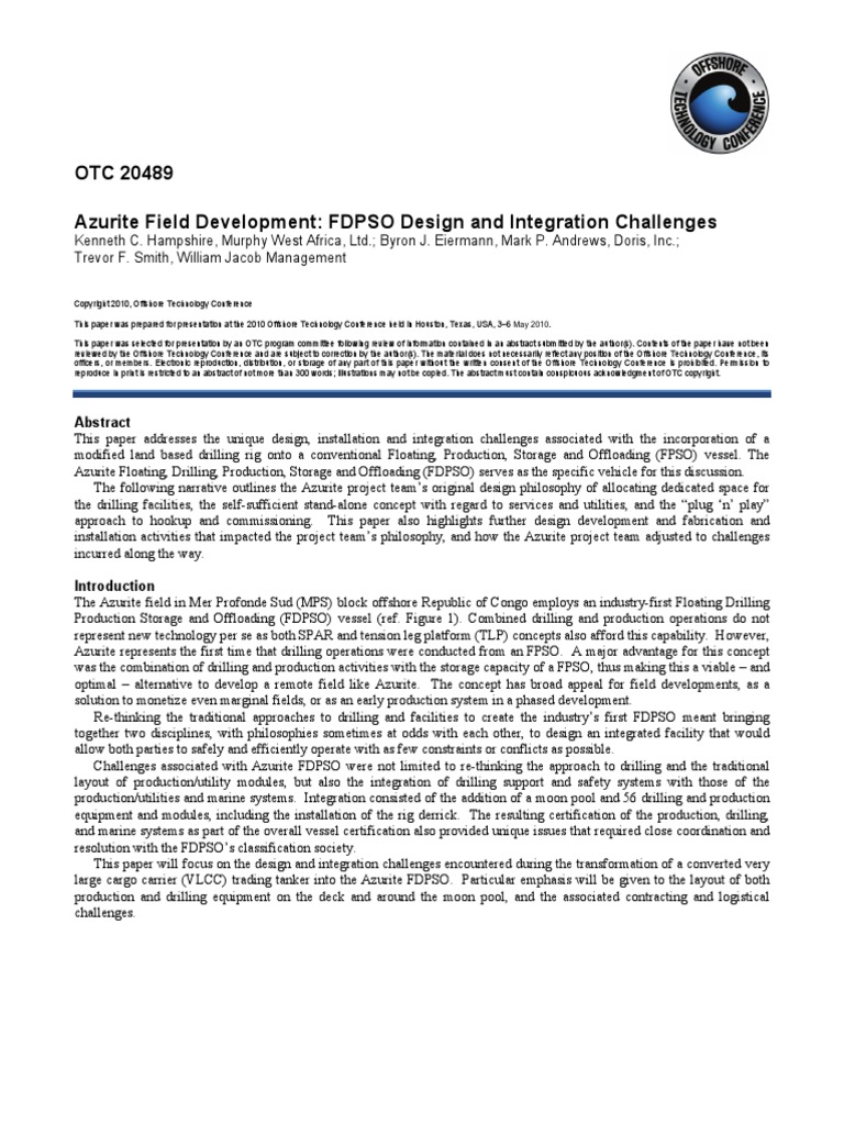 OTC 20489 Azurite Field Development: FDPSO Design and Integration ...