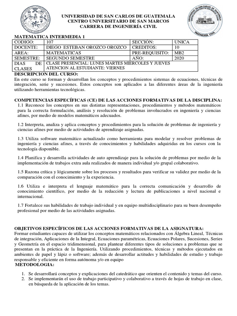Progrma Mate Intermedia 1 1er 2020 | PDF | Matriz (Matemáticas) | Integral