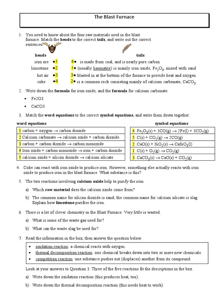 Blast Furnace Worksheet | Download Free PDF | Oxide | Blast Furnace