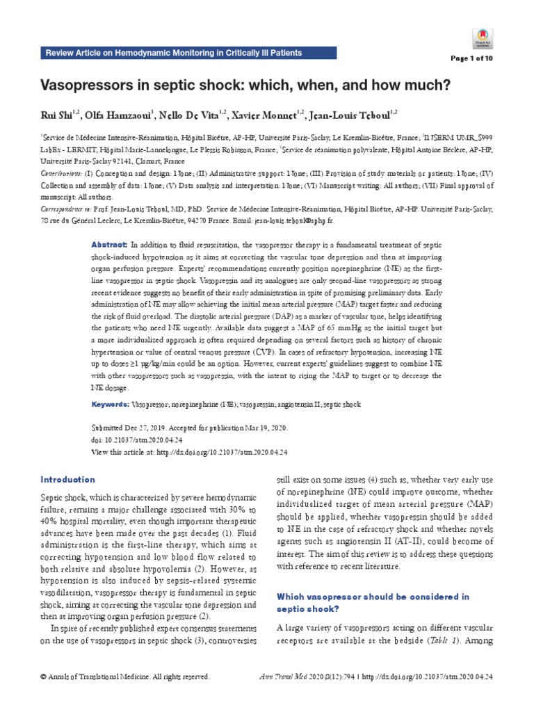 Vasopressors in Septic Shock - Which, When, and How Much | PDF | Sepsis ...