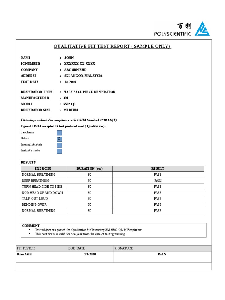 Qualitative Fit Test Report (Sample Only) : Fit Testing Conducted in ...
