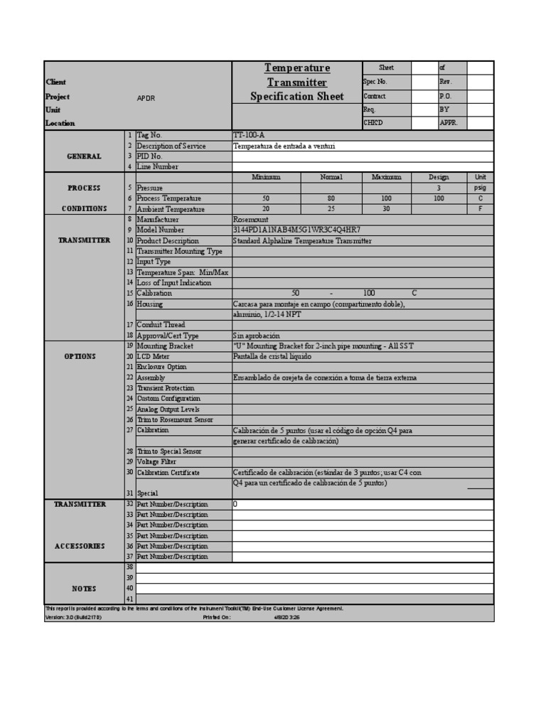 Specification Sheet for Temperature Transmitter and RTD Assembly for ...