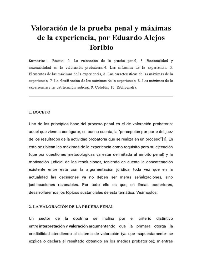 Valoración De La Prueba Penal Y Máximas De La Experiencia Pdf