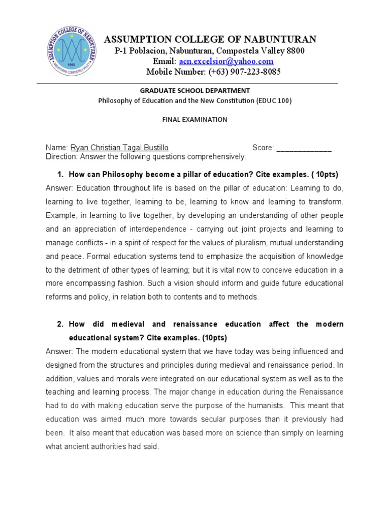 Ryan Christian Tagal-Bustillo - EDUC 100 Online Exam | PDF | Teachers ...