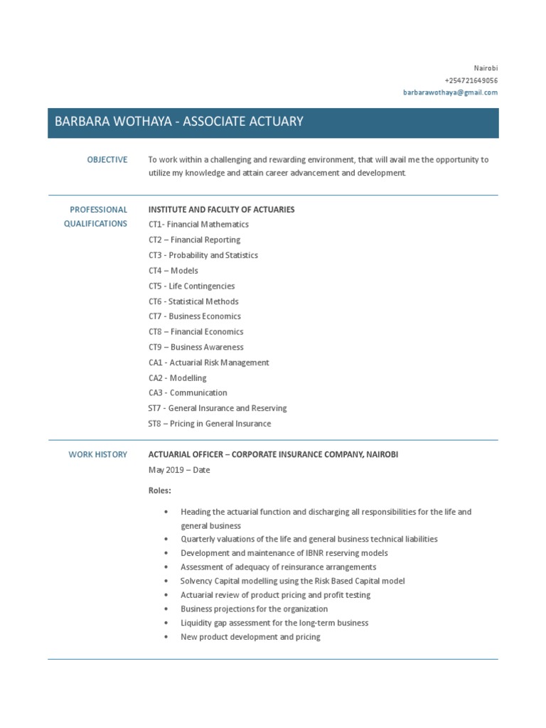 Barbara Wothaya - Associate Actuary: Objective | PDF | Actuarial ...