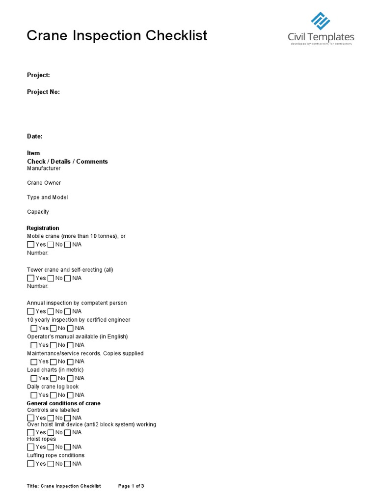 Crane Inspection Checklist | PDF | Crane (Machine) | Manufactured Goods