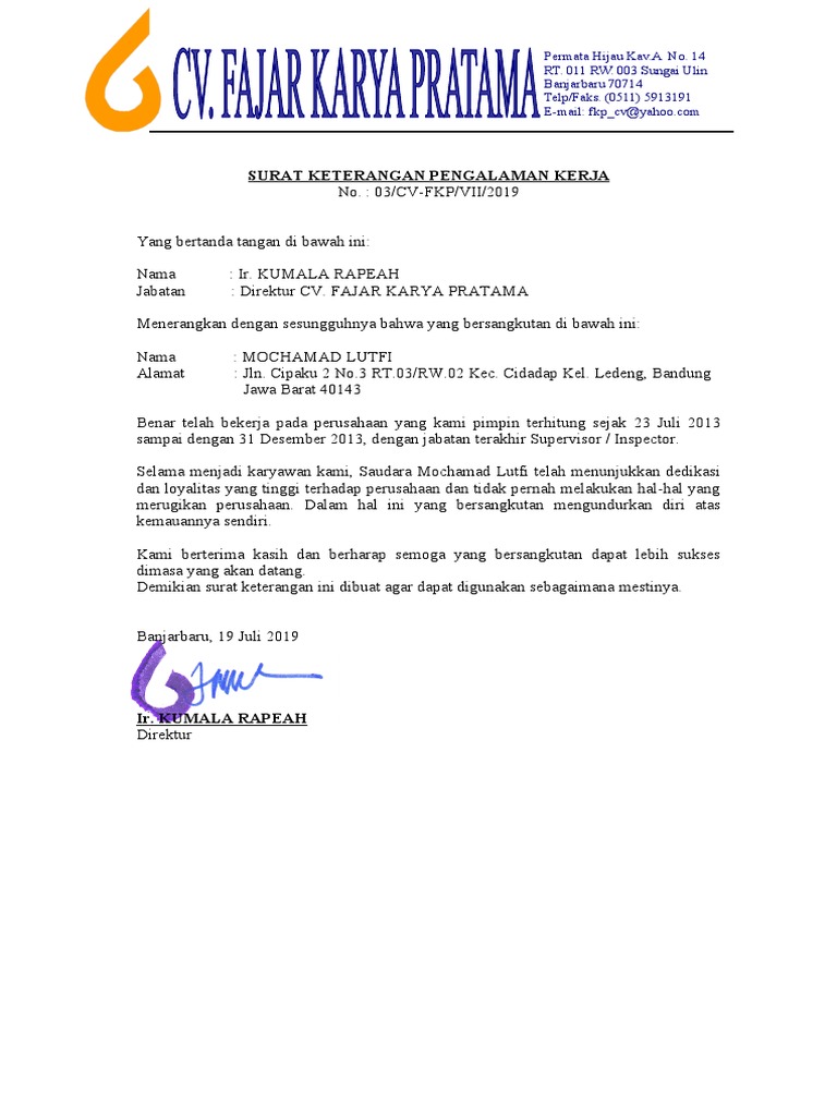 Surat Pengalaman Kerja | PDF