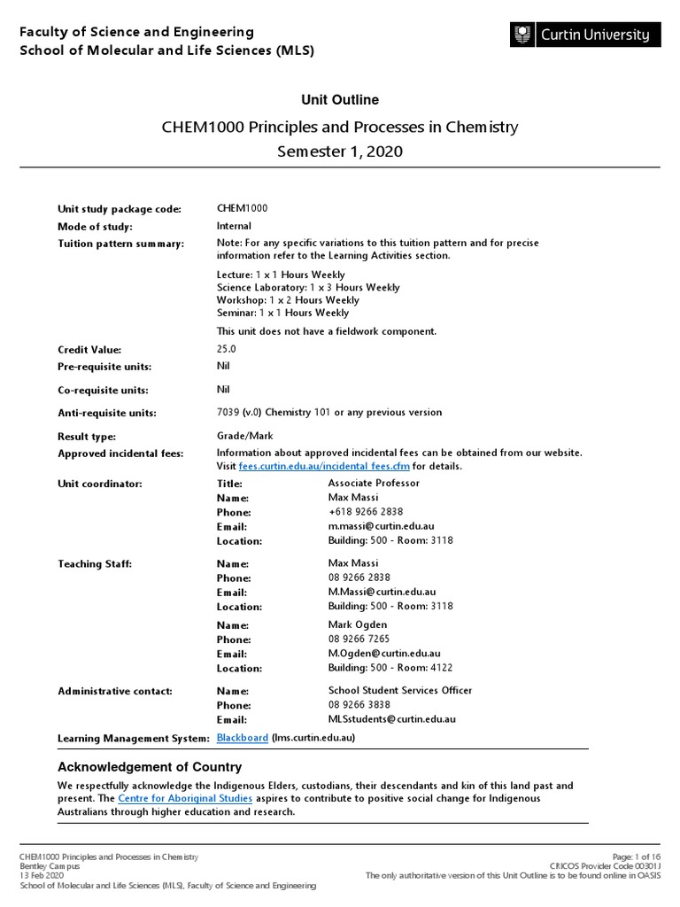 CHEM1000 Principles and Processes in Chemistry Semester 1 2020 Bentley ...