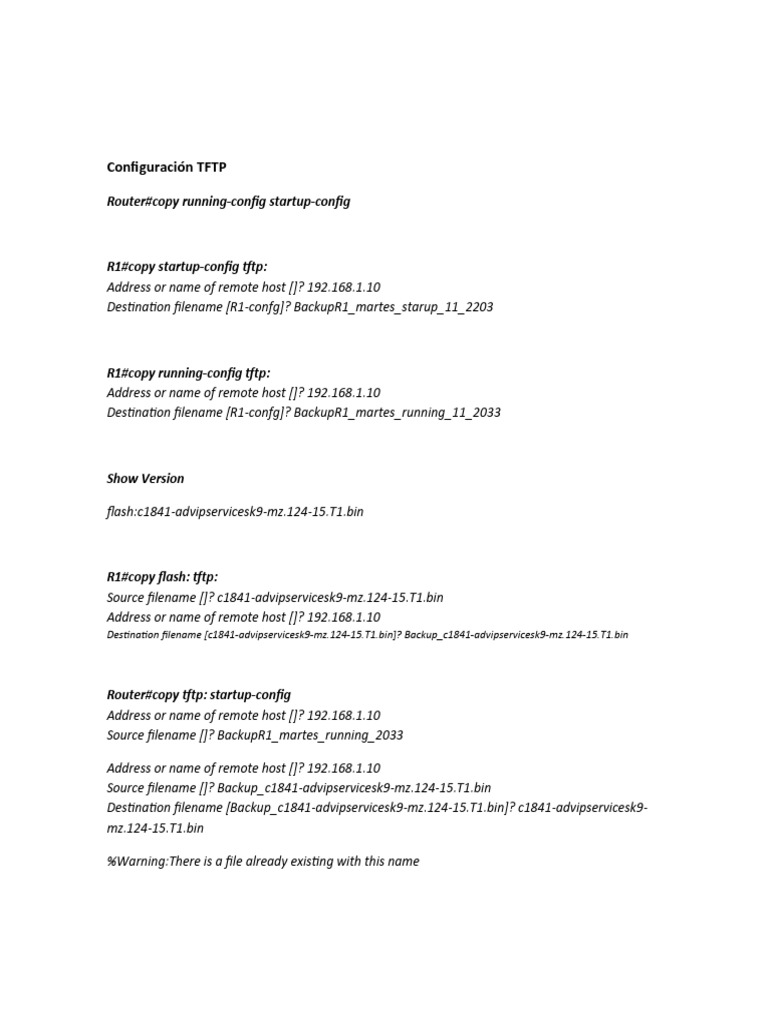 Configuración TFTP: Router#copy Running-Config Startup-Config | PDF