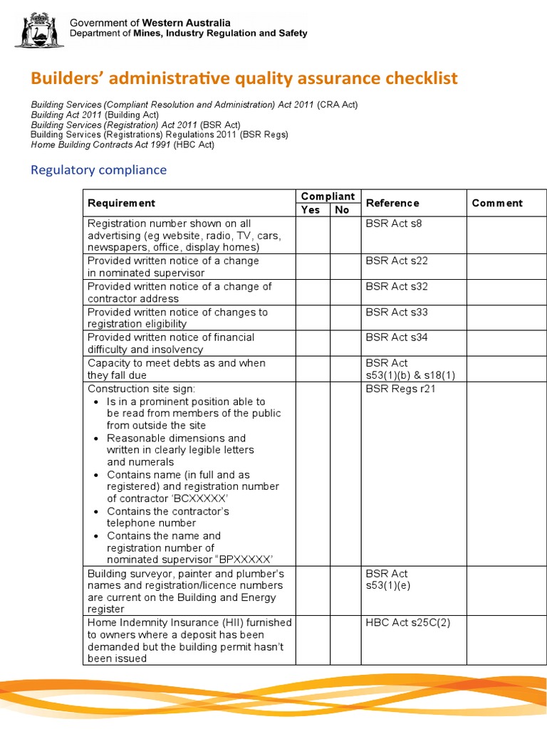 Builders' Administrative Quality Assurance Checklist: Regulatory ...