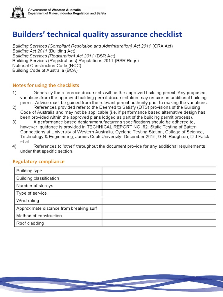 Builders' Quality Assurance Checklist | PDF | Wall | Roof
