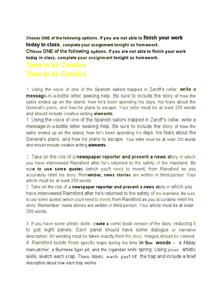 Creative Assignments for "The Most Dangerous Game" | PDF