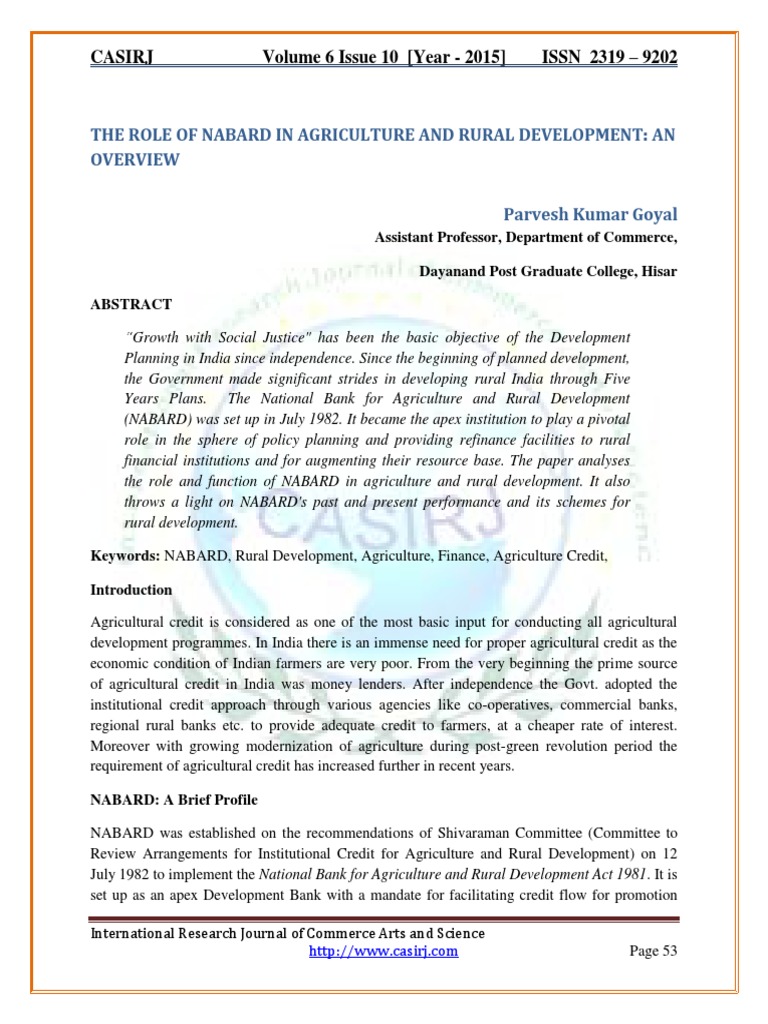 The Role of Nabard in Agriculture and Rural Development: An Parvesh ...