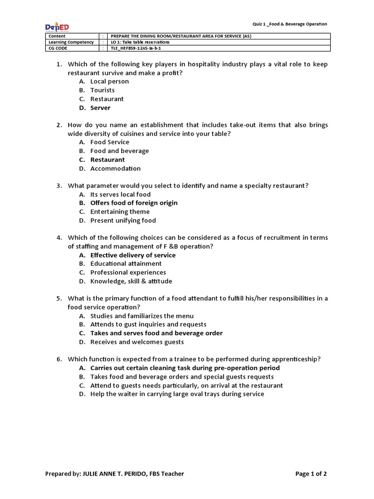 Quiz 1 - F&B Operation - Ans | PDF | Foodservice | Restaurants