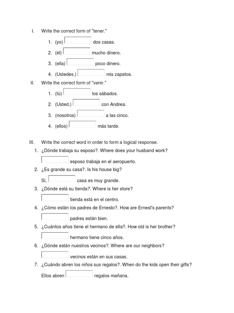 QUIZ#5 - Tener. Venir, Possessive Adjectives, Tener Que and Hay Que | PDF