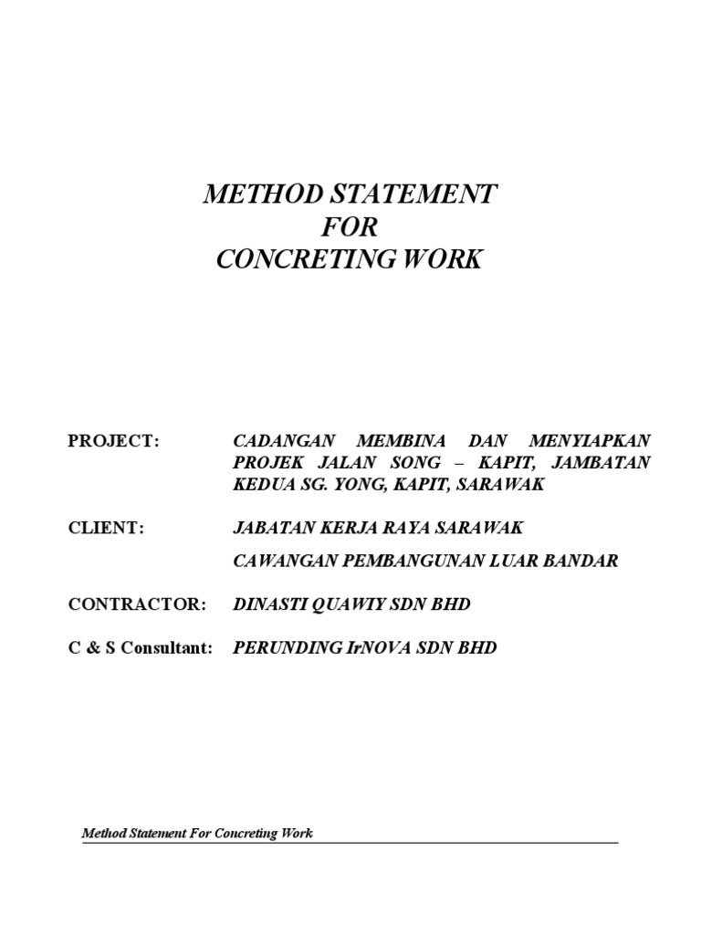 Method Statement FOR Concreting Work: Project | PDF | Concrete | Materials