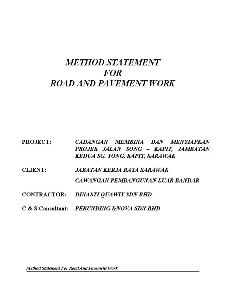 Method Statement FOR Road and Pavement Work: Project | PDF | Road ...