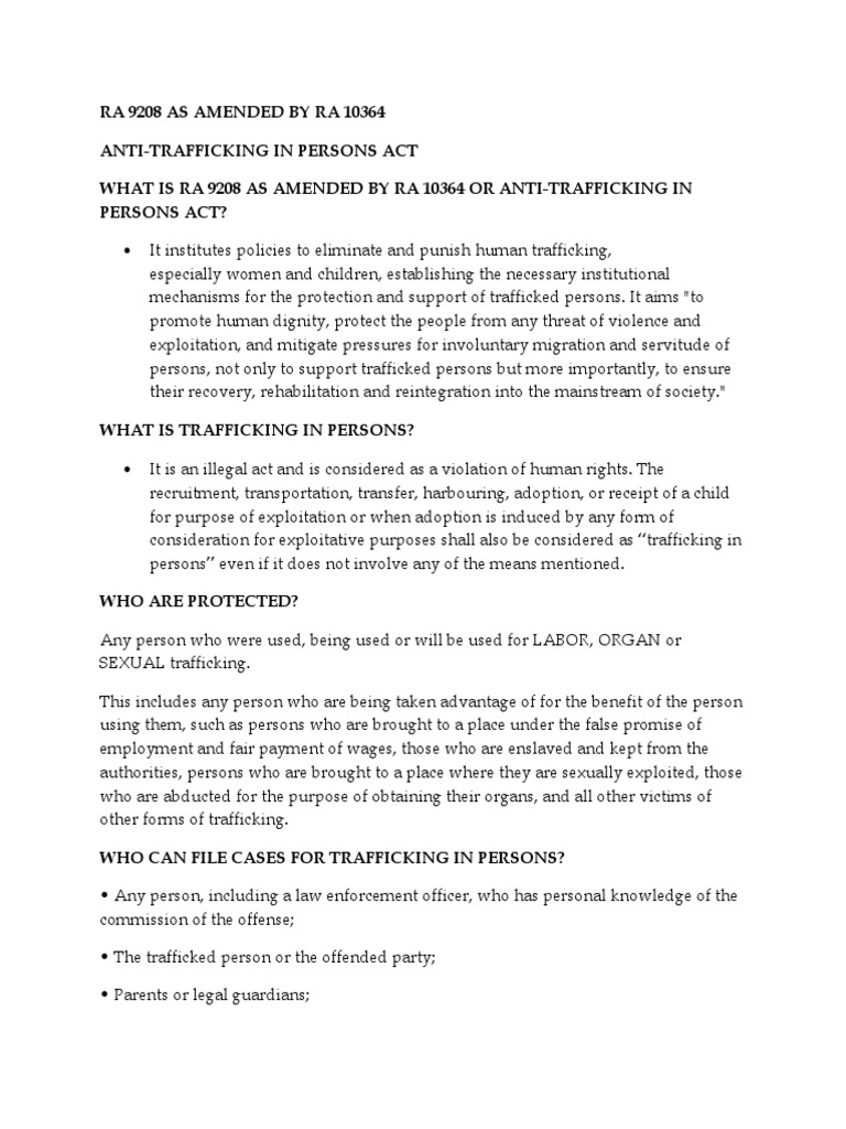 Ra 9208 As Amended by Ra 10364 Anti-Trafficking in Persons Act What Is ...