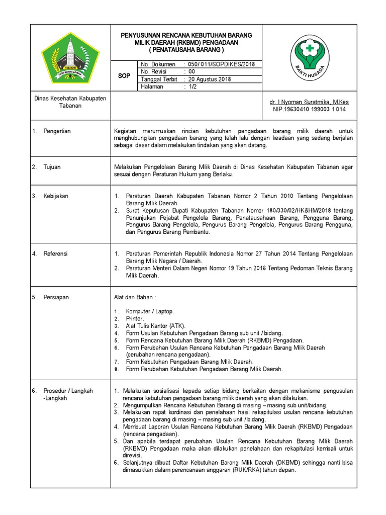 050 011SOPDIKES2018 SOP Penyusunan Rencana Kebutuhan Barang Milik ...
