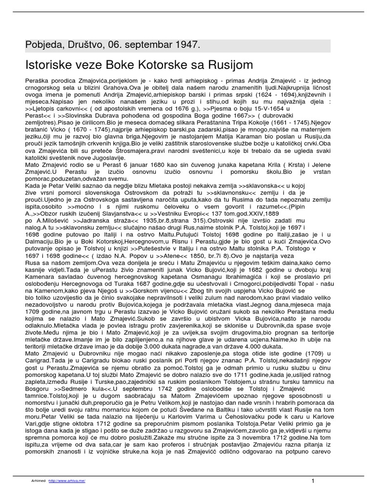 Istorijske Veze Boke Sa Rusijom | PDF