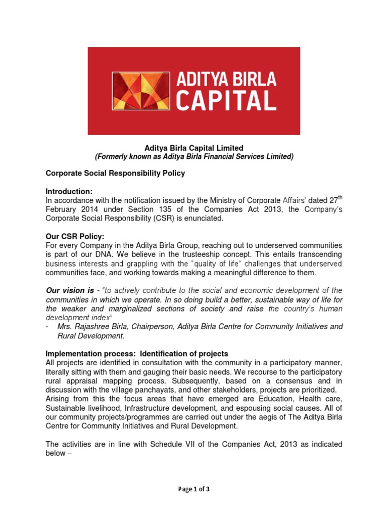 Aditya Birla Capital CSR Policy Overview | PDF | Sustainability ...