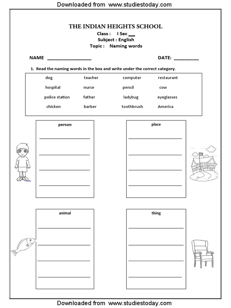 Class 1 Naming Words Worksheet | PDF