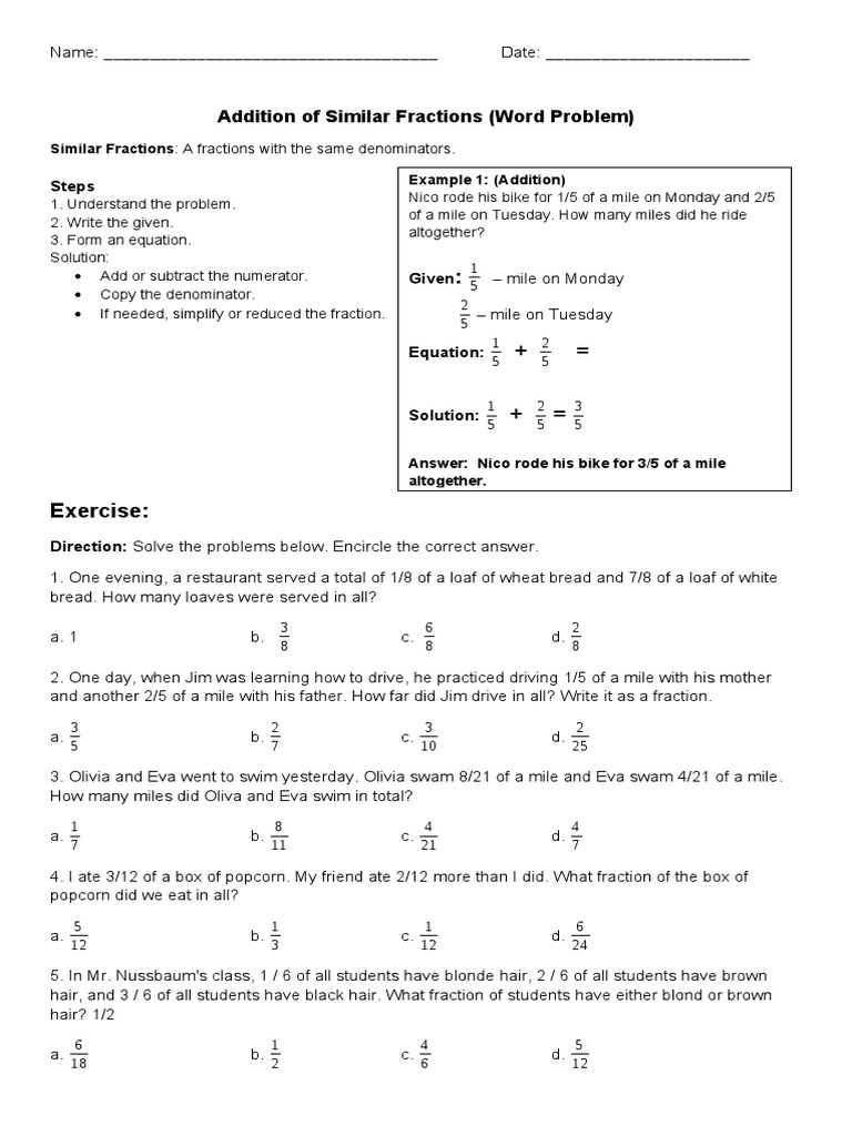 Addition of Similar Fractions (Word Problem) : Steps | Download Free ...