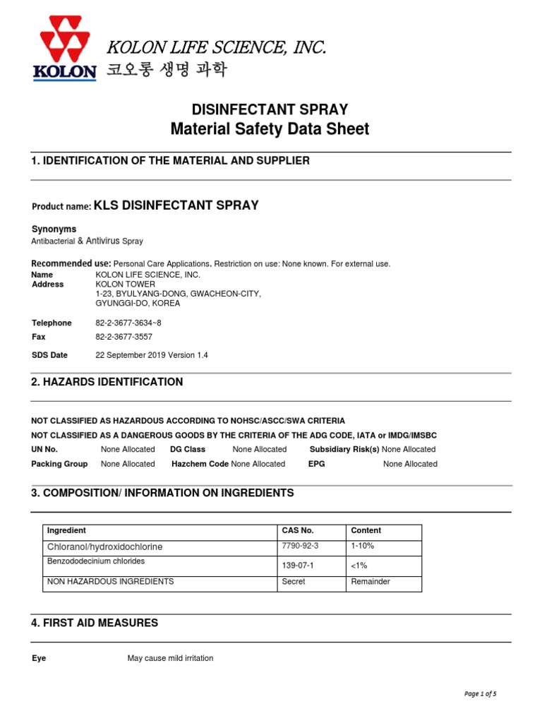 Disinfectant Chemical MSDS-1 | PDF | Toxicity | Dangerous Goods