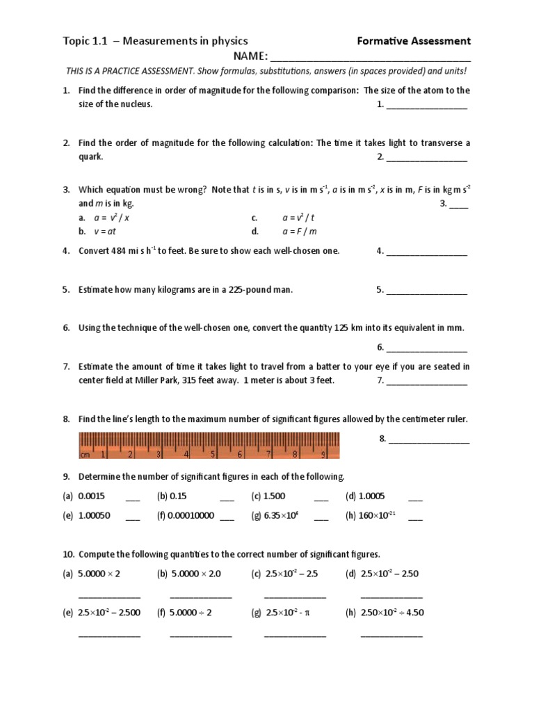 Class 11 Physics Formative Assessment | PDF | Significant Figures | Physics