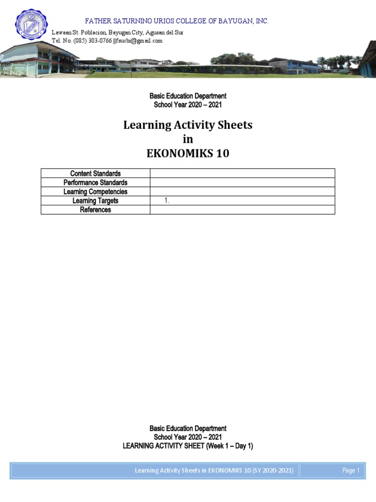 Learning Activity Sheets in Ekonomiks 10: Basic Education Department ...