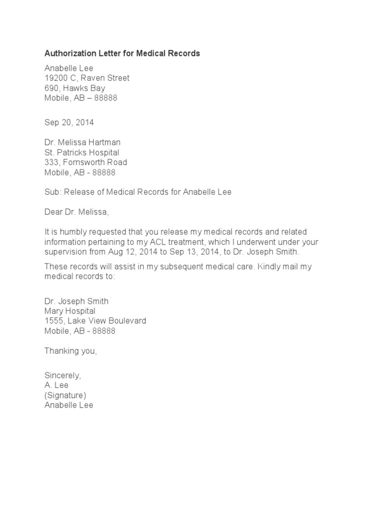 Authorization Letter For Medical Records498 | PDF
