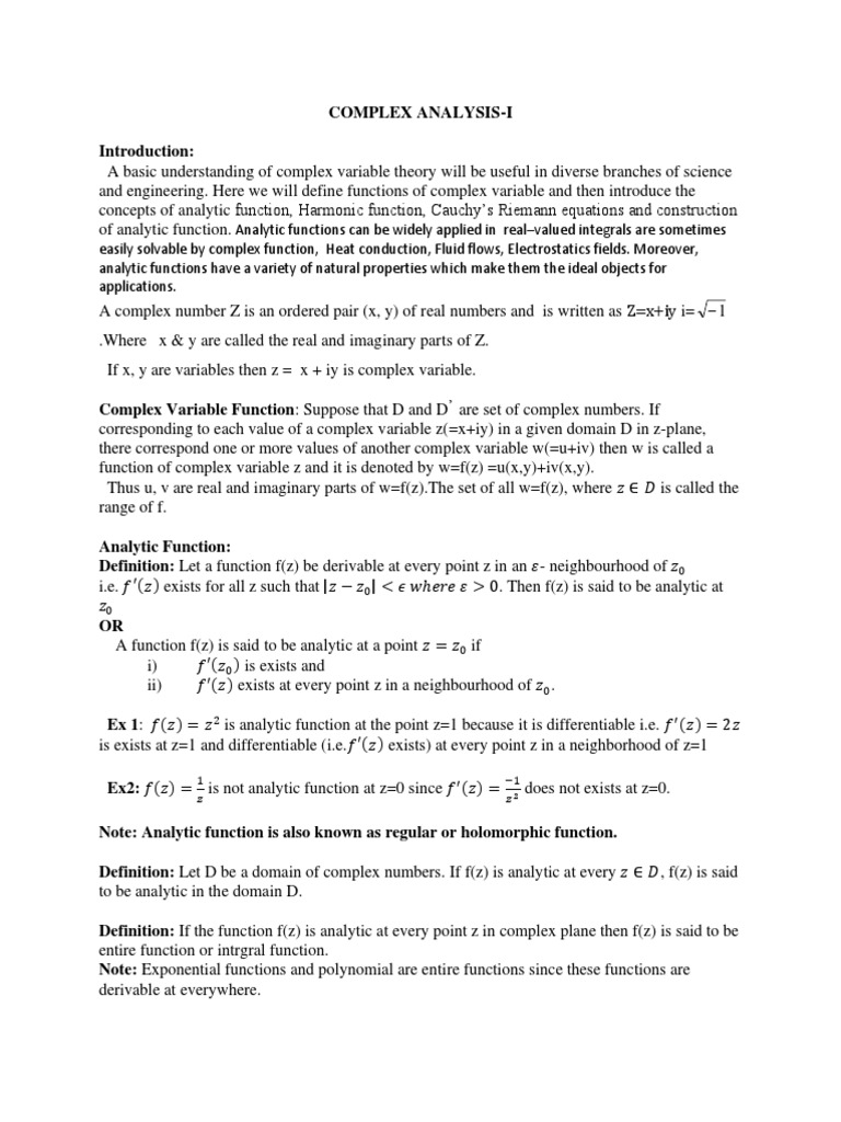 COMPLEX ANALYSIS Notes-I | PDF | Holomorphic Function | Complex Analysis