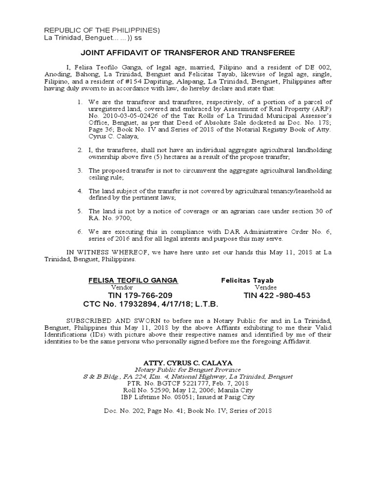 Joint Affidavit of Transferor and Transferee: #154 Dapiting, Alapang ...