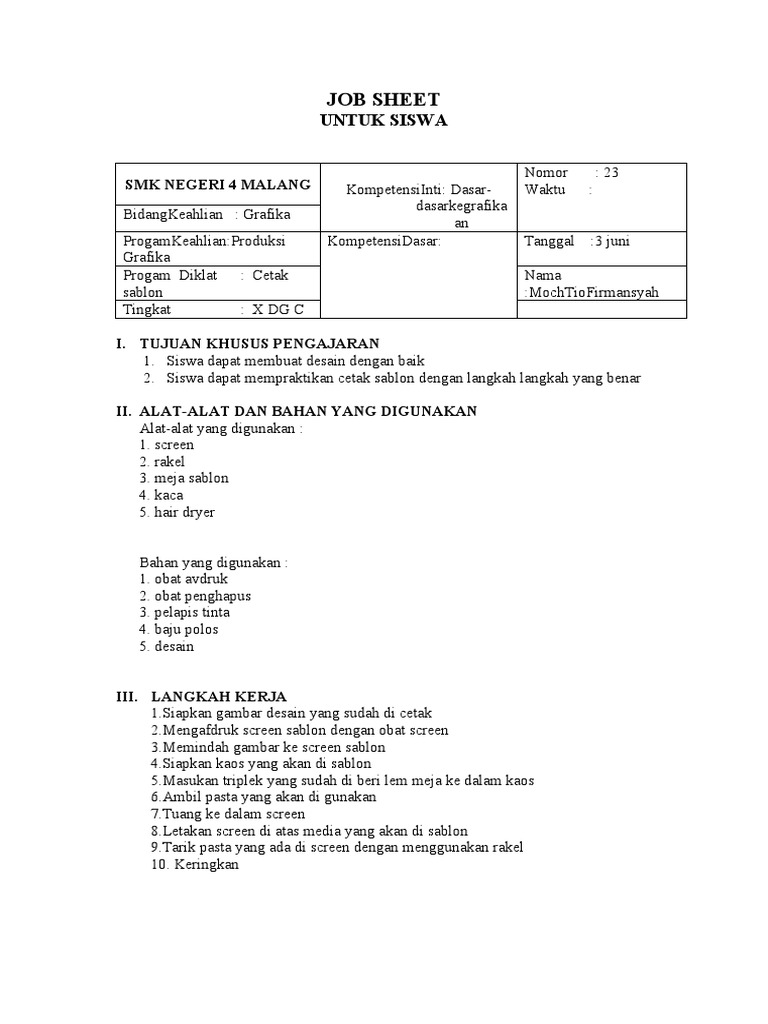 Contoh Job Sheet | PDF | Seni