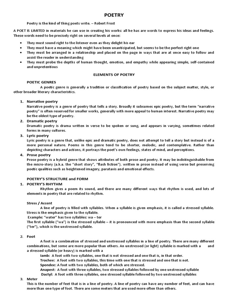 Poetry: Elements of Poetry Poetic Genres | PDF | Metre (Poetry) | Poetry