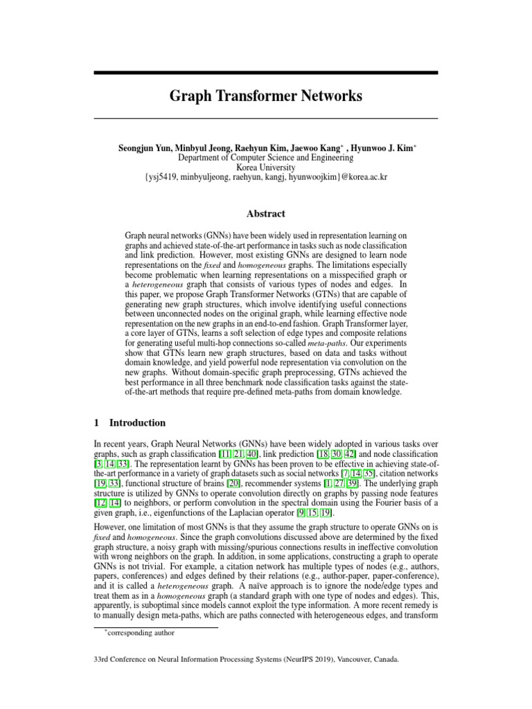 Graph Transformer Networks: Corresponding Author | PDF | Artificial ...