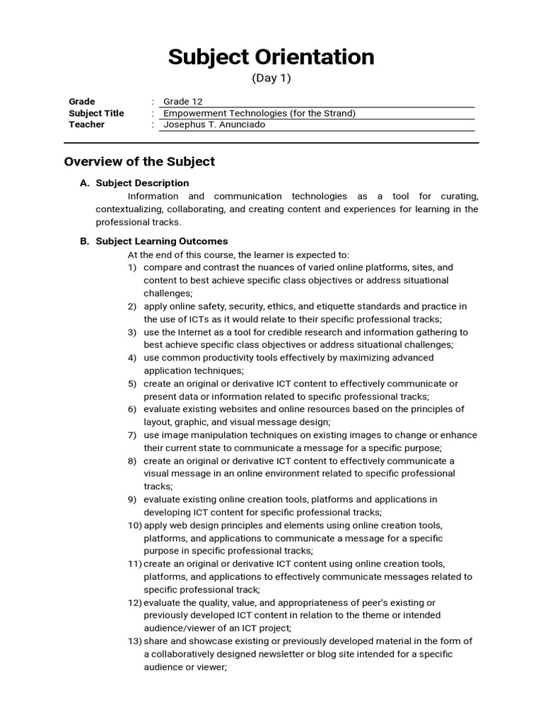 Empowerment Technologies Grade 12 Overview | PDF | Educational ...